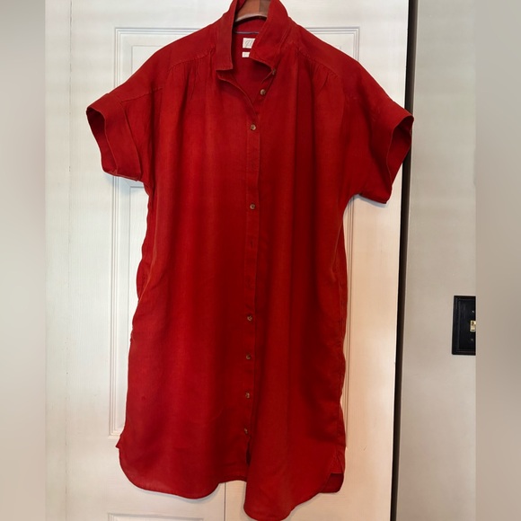 J. Crew | Dresses | J Crew Linen Red Button Down Dress Relaxed Fit ...